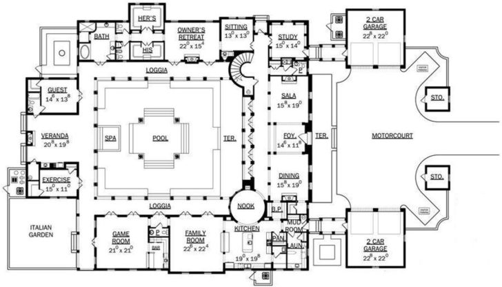 5 Bedroom Italianate Mansion with Courtyard Pool (Floor Plan)