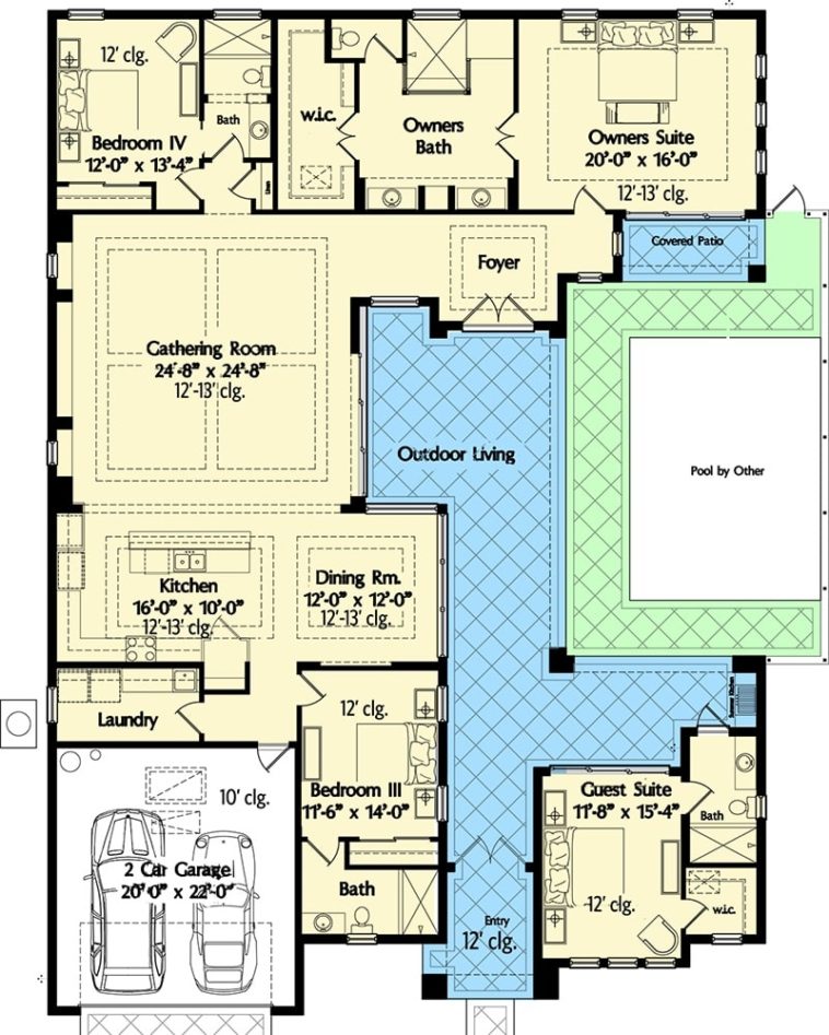 Florida Home Floor Plan Surrounds Central Courtyard Pool and Includes a ...