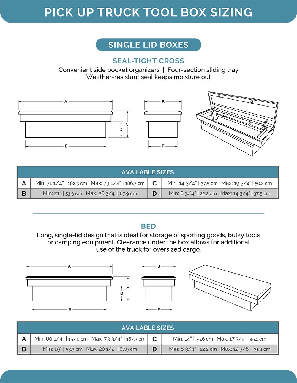 Pickup Tool Box and Storage Box Sizes and Dimensions (Illustrations)