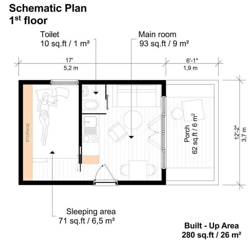 1-Bedroom Single-Story Ashley River Cabin (Floor Plan)