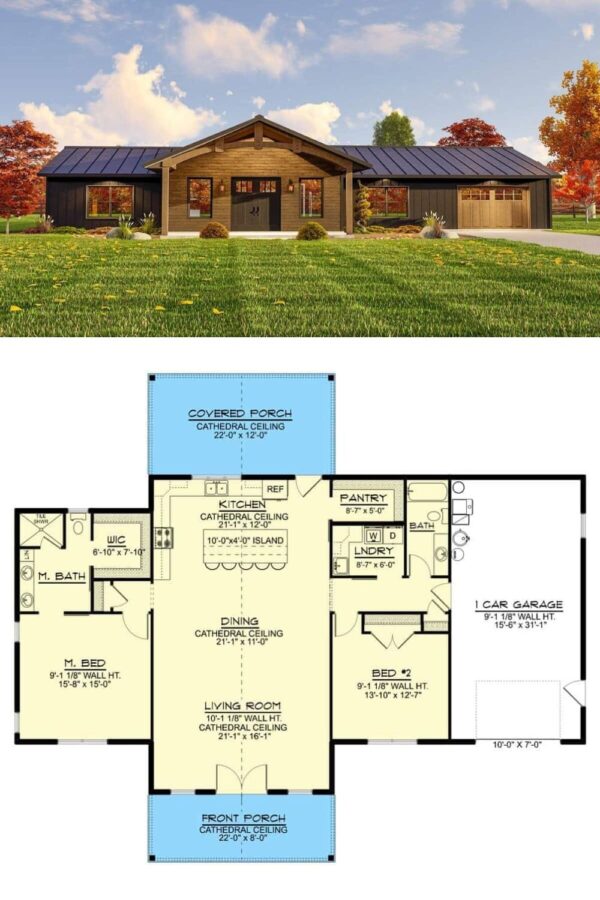 Single-Story Rustic 2-Bedroom Home with Open Living Space and Covered ...