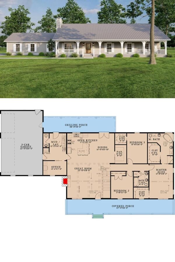 Single-Story Country Style 3-Bedroom Ranch for Wide and Corner Lots ...
