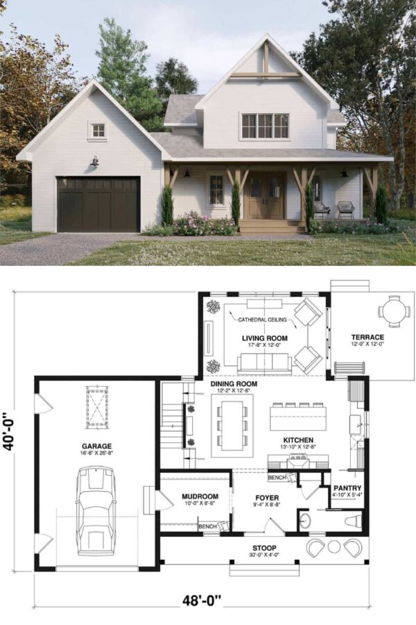 Two-Story Cottage Style 3-Bedroom Oak Tree Home with Front Porch and ...