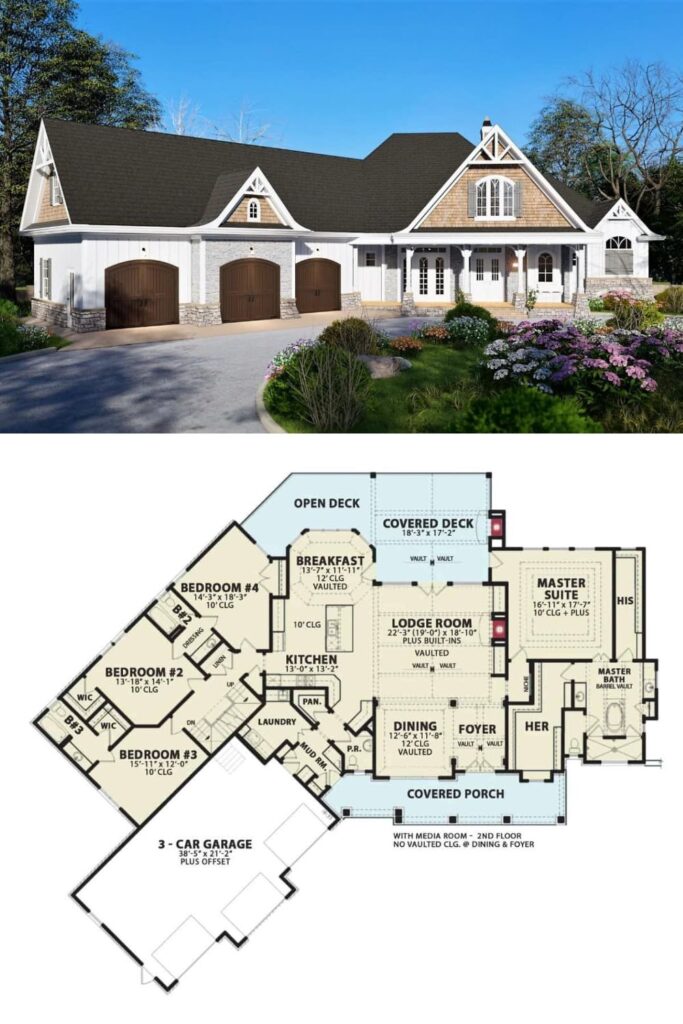 Two-Story 4-Bedroom Chestnut Falls Cottage C with Angled 3-Car Garage ...
