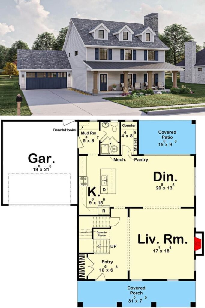 Two-Story Colonial Home with Front Porch and Three Bedrooms (Floor Plan)