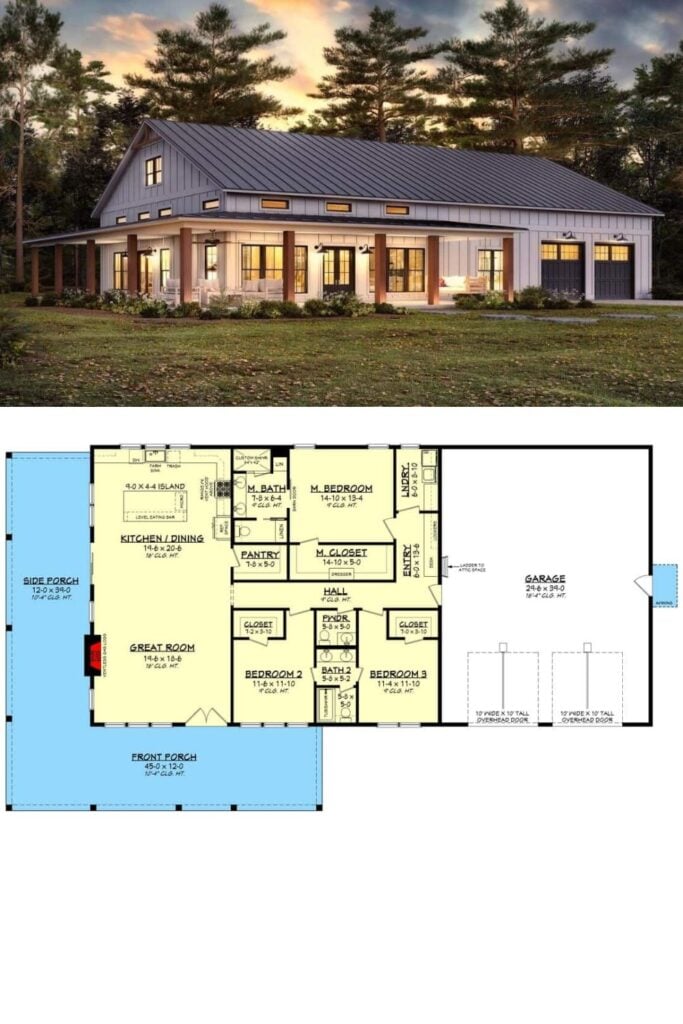 Single-Story Barndominium Style 3-Bedroom Farmhouse with Wraparound ...