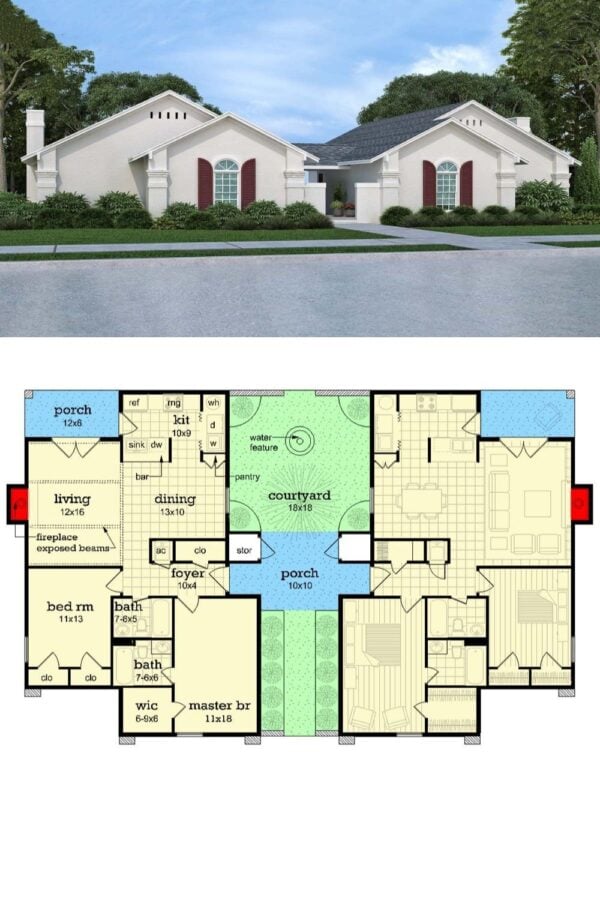 Southern 2-Bedroom Single-Story Traditional Duplex Home with Courtyard ...