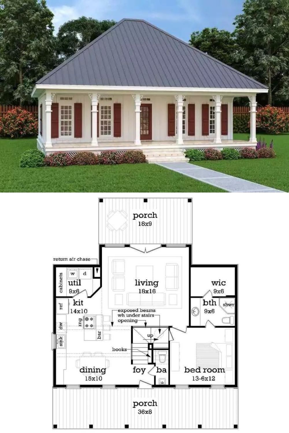 River Oaks Single-Story 1-Bedroom Cottage with Front Porch and Open ...