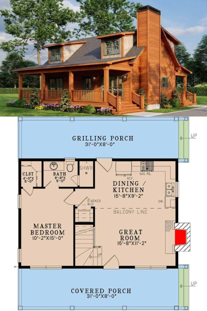 Two-Story Rustic Style 2-Bedroom Home with Loft and Open-Concept Living ...