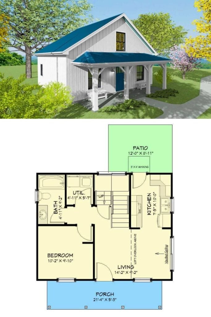 2-Bedroom Country Style Two-Story Cottage with Front Porch and Balcony ...