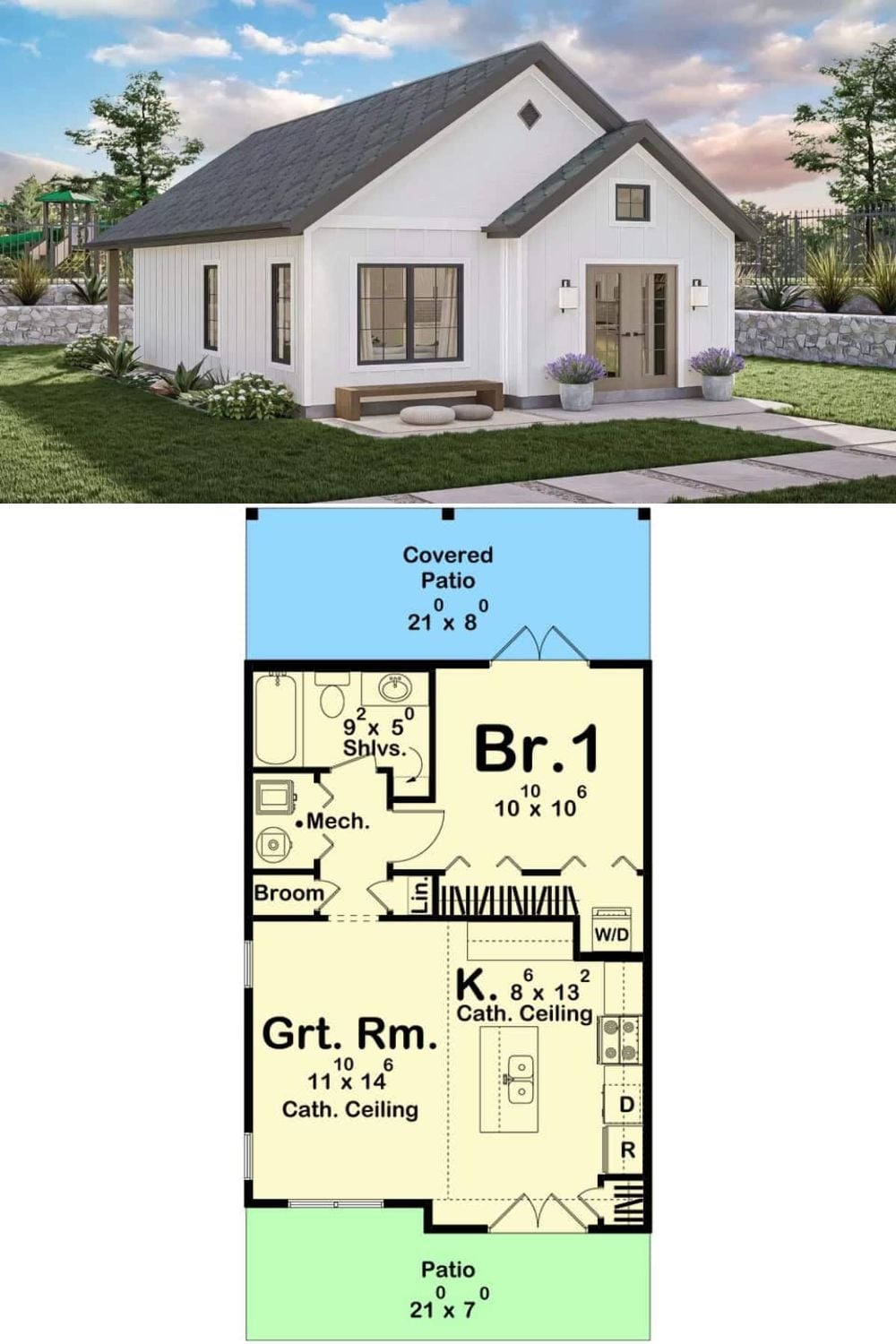 1-Bedroom Cabin Style Single-Story ADU with Covered Patio (Floor Plan)