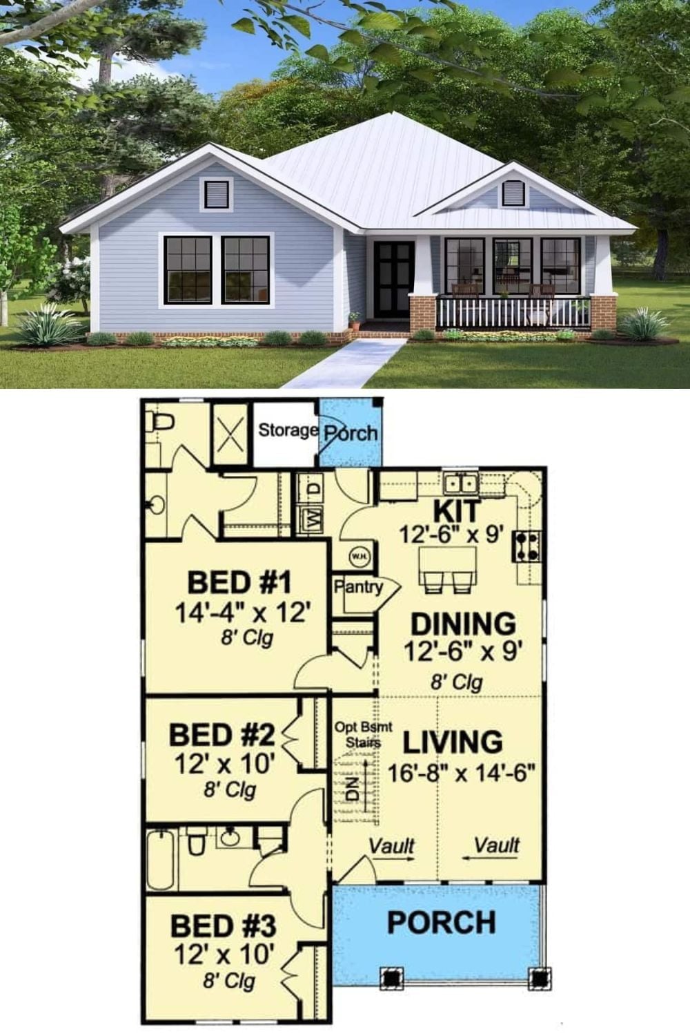 Single-Story Southern Cottage with Front Porch and Three Bedrooms ...