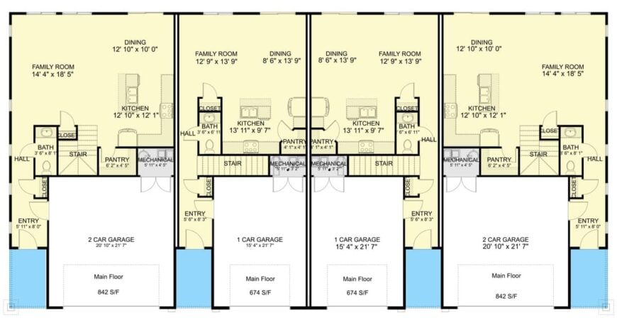 Two-Story Craftsman Style Quadplex with 3 Bed Units and Loft (Floor Plan)