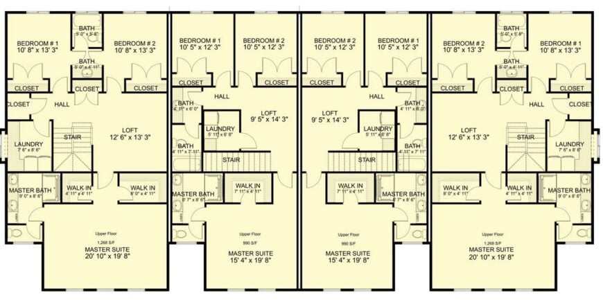 Two-Story Craftsman Style Quadplex with 3 Bed Units and Loft (Floor Plan)