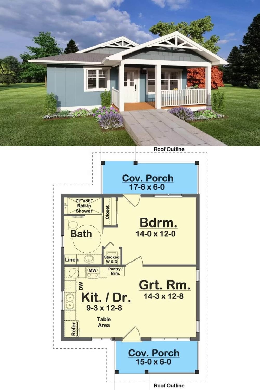 Single-Story Cottage Style 1-Bedroom Home with Front and Rear Porches ...