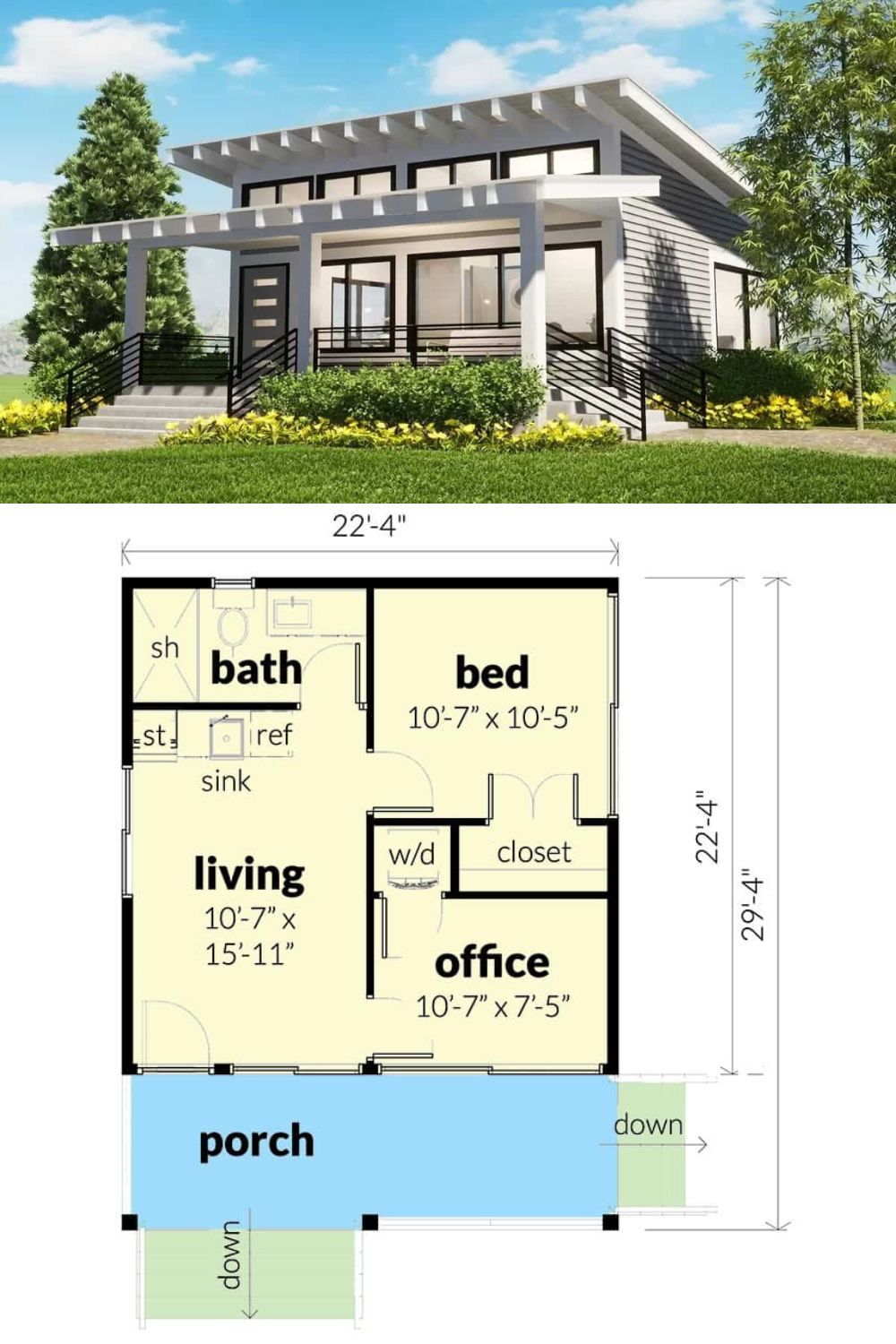 Single-Story Modern 1-Bedroom ADU with Covered Front Porch (Floor Plan)