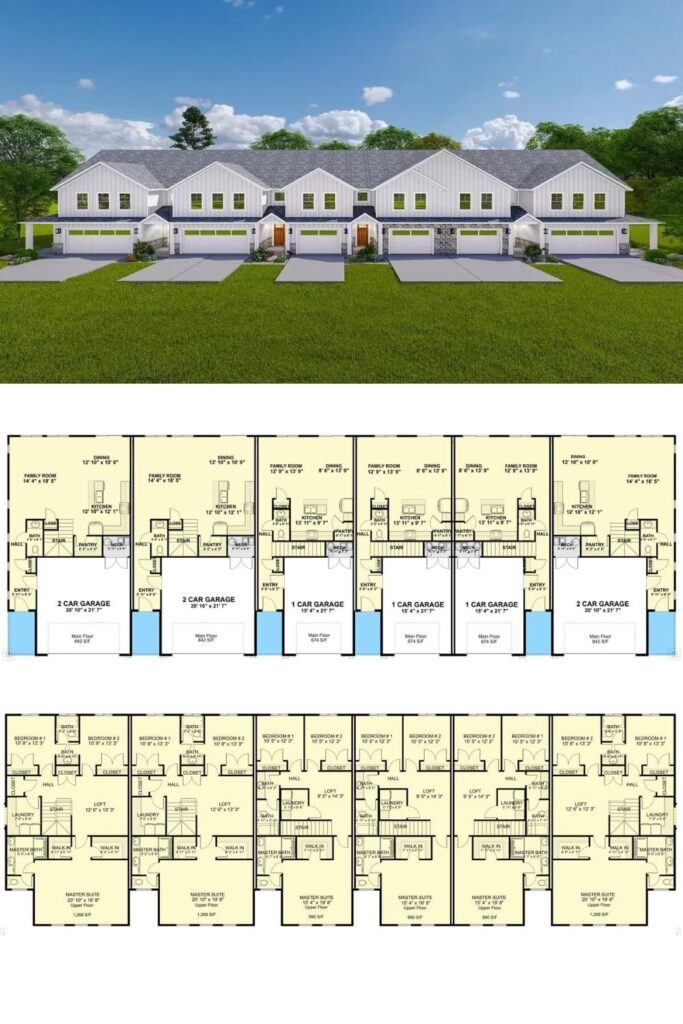 Two-Story Farmhouse Style Multiplex Home with Loft and 3 Bed Units ...