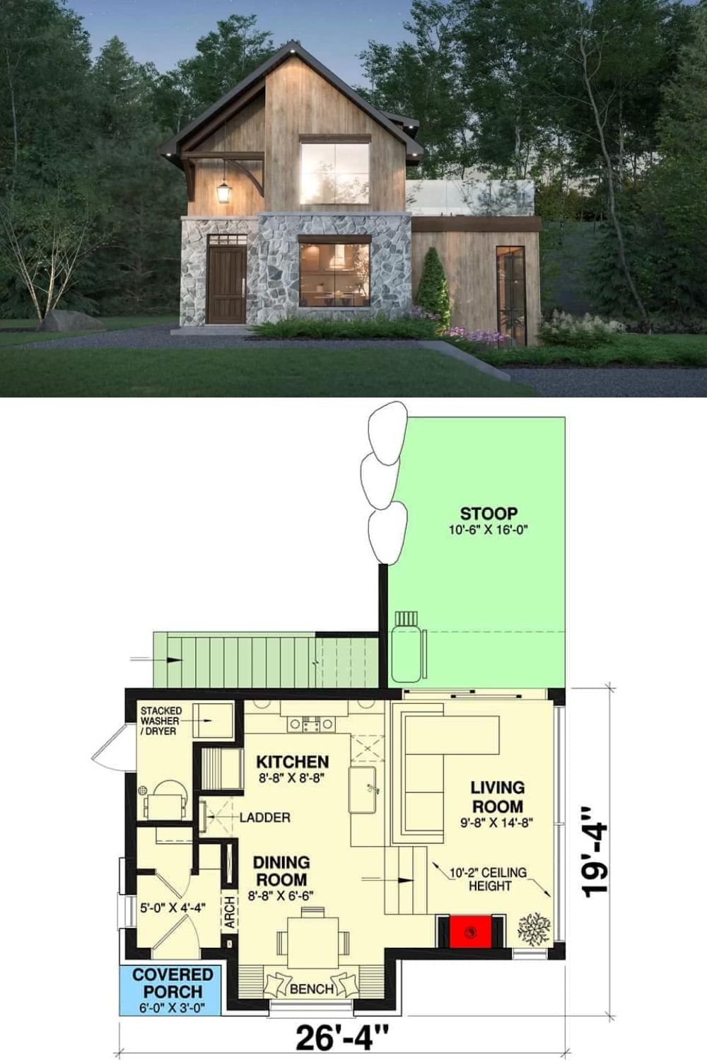 Compact Two-Story Contemporary Cottage with Two Bedrooms and a Narrow ...