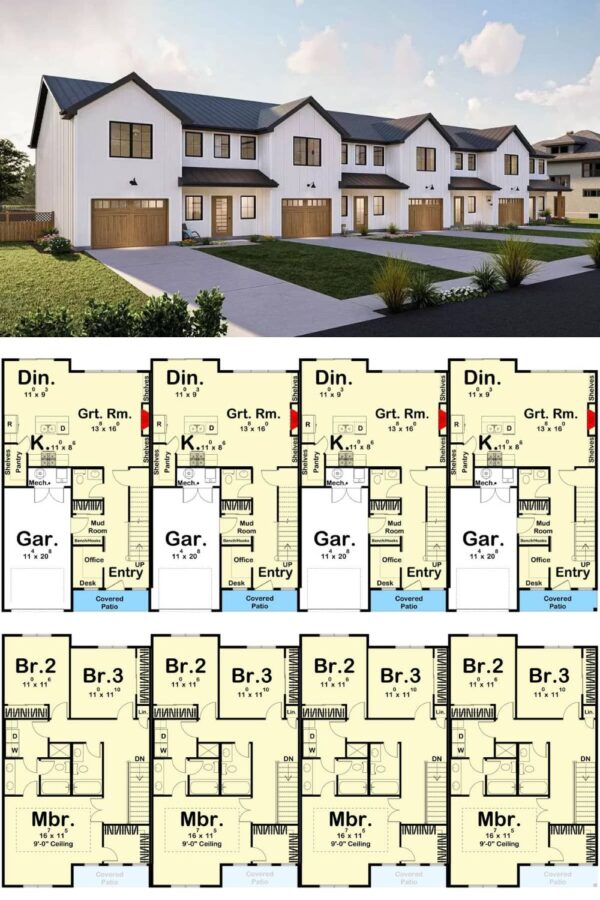 Two-Story Modern Farmhouse Quadplex with Open Living Space and 3 Bed ...