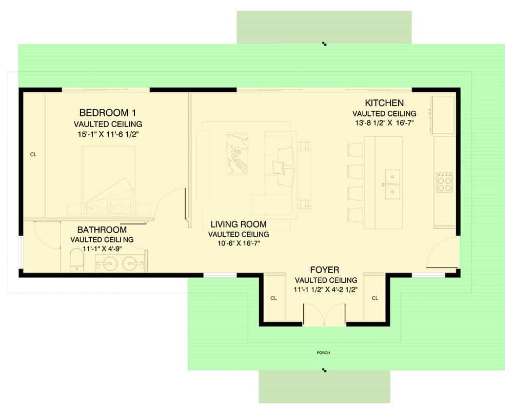 Contemporary Style Single-Story 1-Bedroom Home with Open Living Space ...