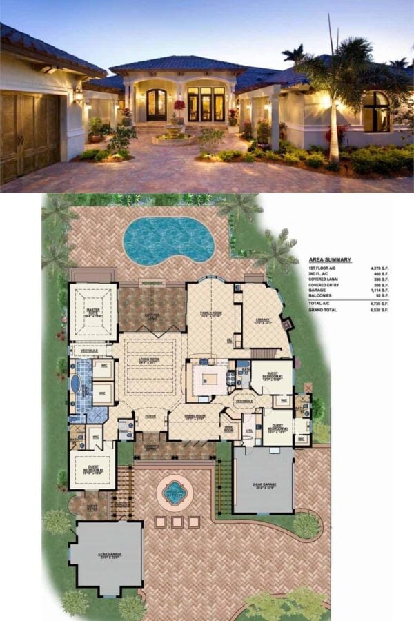 Mediterranean Style Single-Story 4-Bedroom Home with Multiple Garages ...