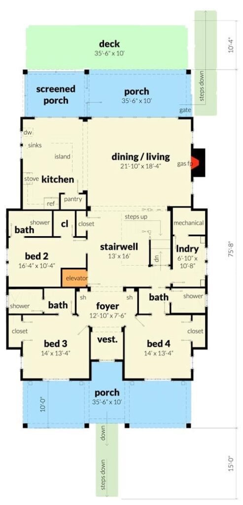 Elevated 4-Bedroom Cottage Style Three-Story Home with Elevator and ...