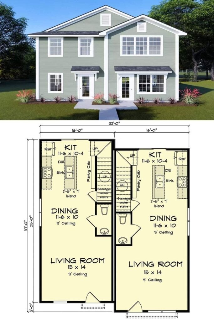 Two-Story Traditional Style Duplex with 2-Bed Units and Open-Concept ...