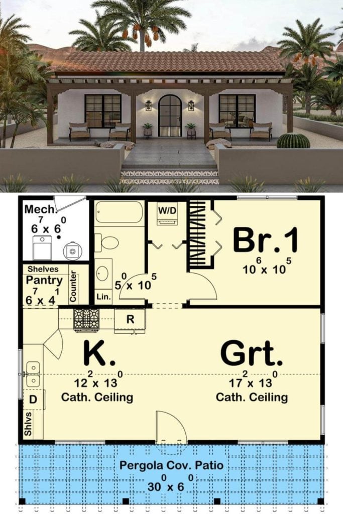 Adobe Style 1-Bedroom Single-Story Home with Pergola Front Porch (Floor ...