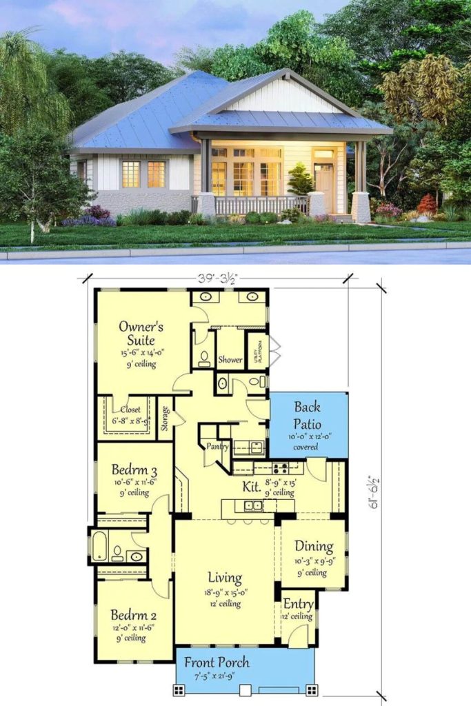 Cottage Style Single-Story 3-Bedroom Home for a Narrow Lot with Covered ...