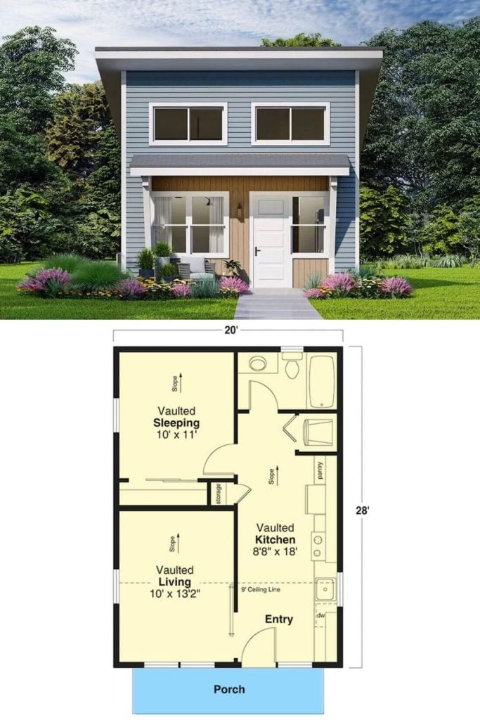 Single-Story Country Style 1-Bedroom ADU Home with Front Porch (Floor Plan)