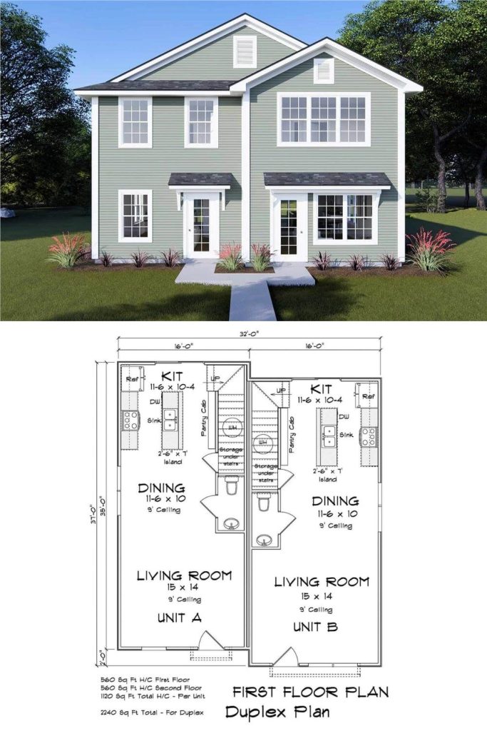 Cottage Style Duplex with 2-Bed Units and Open Living Space (Floor Plan ...