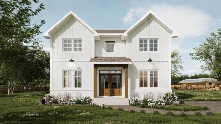Symmetrical 4-Bedroom Modern Farmhouse with Narrow Footprint (Floor ...