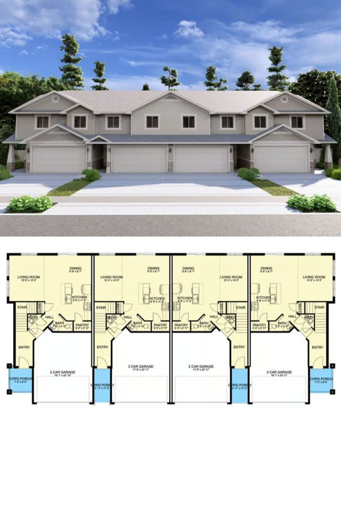 Traditional-Style Multiplex Home with Four 3-Bed Units and Double ...