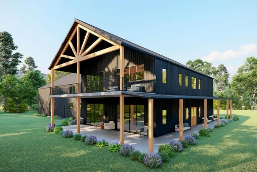 Barndominium-Style 3-Bedroom Home with Wraparound Porch and Balcony ...