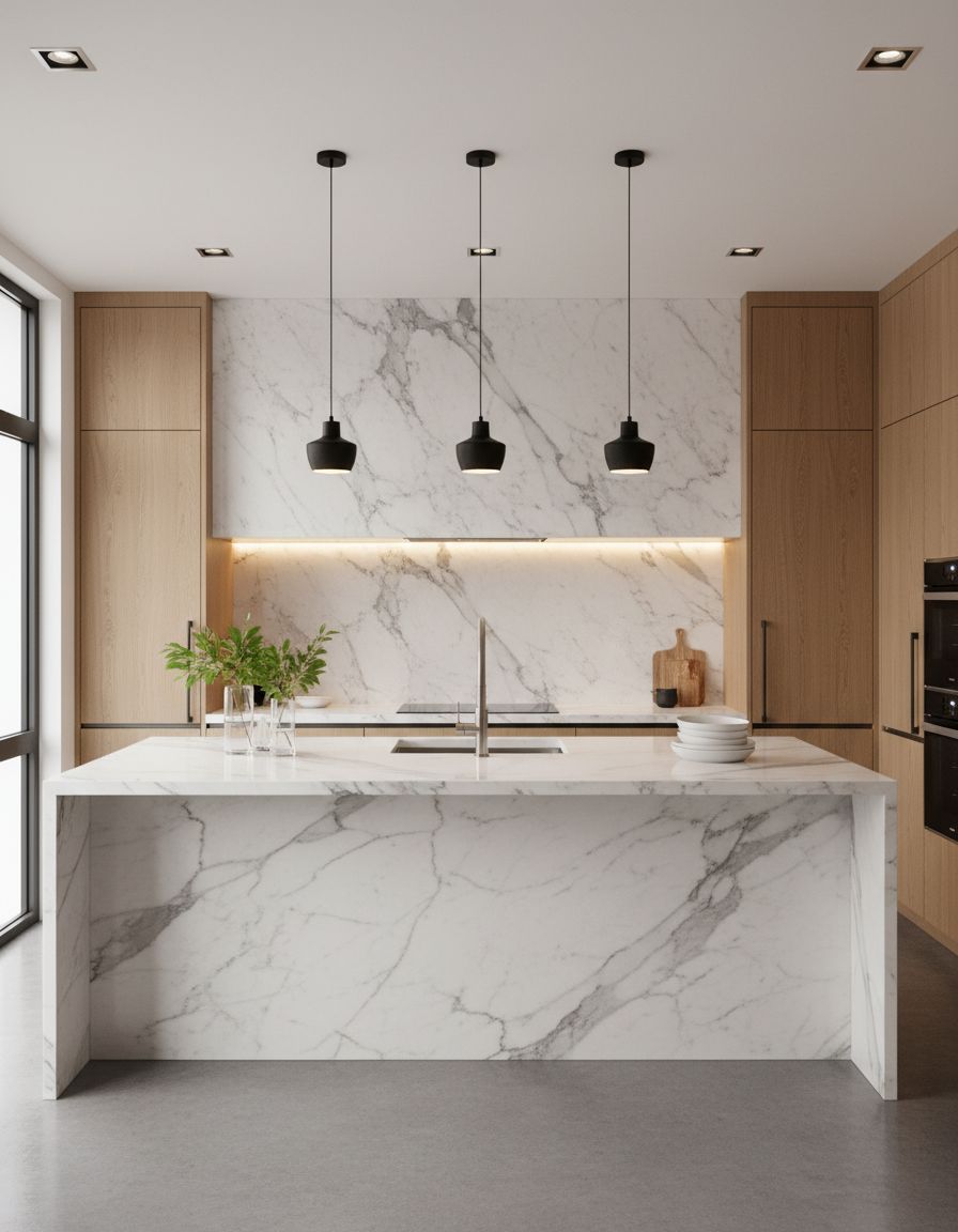 25 Luxury Kitchens Featuring Oversized Waterfall Marble Islands